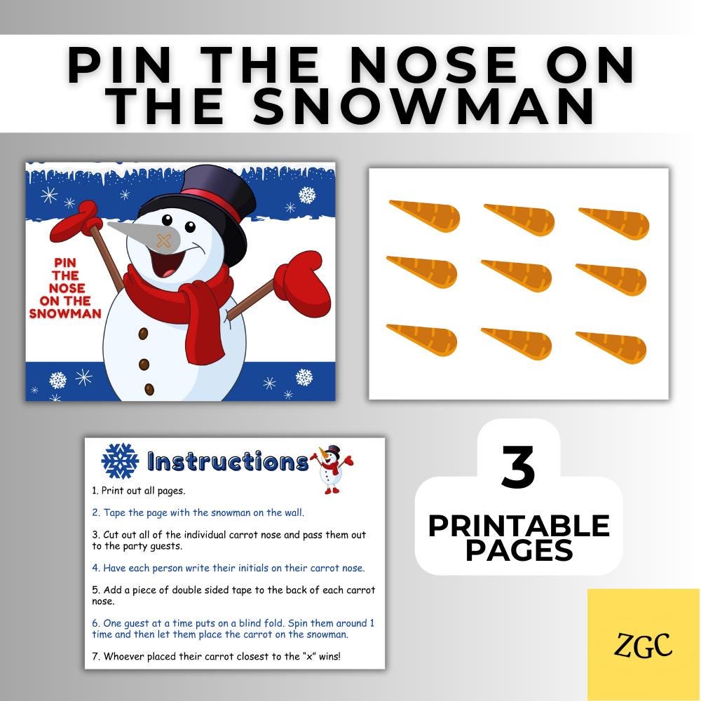 Pin the Nose on the Snowman Printable, Winter Party Activity for Kids ...
