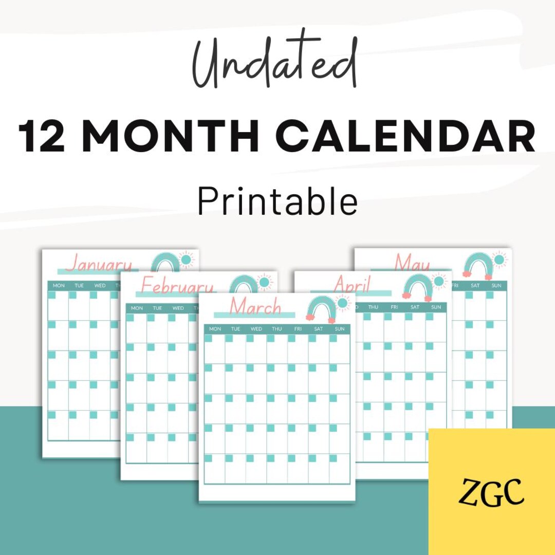 Undated 12 Month Calendar Printable, Monthly Planner (instant Download ...