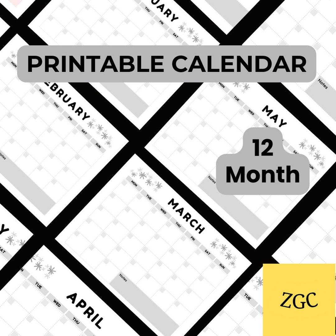 Printable Undated Monthly Calendar, 12 Month Planner (INSTANT DOWNLOAD ...