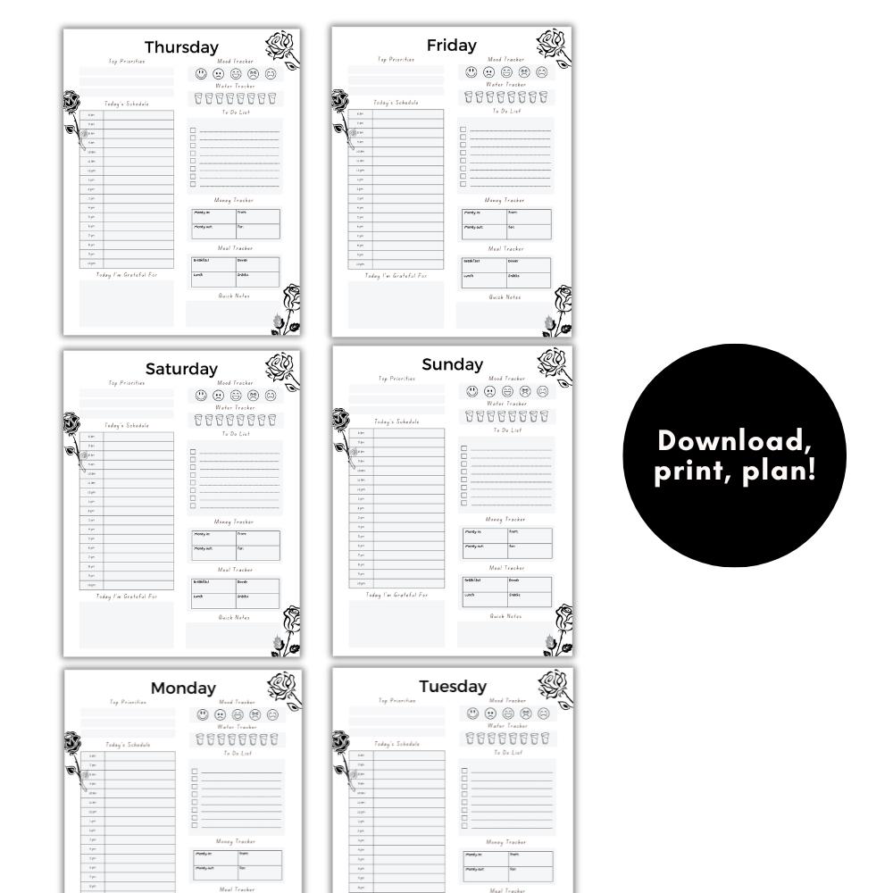 7-day Weekly Planner | Black & White Organizer (printable PDF) - Etsy