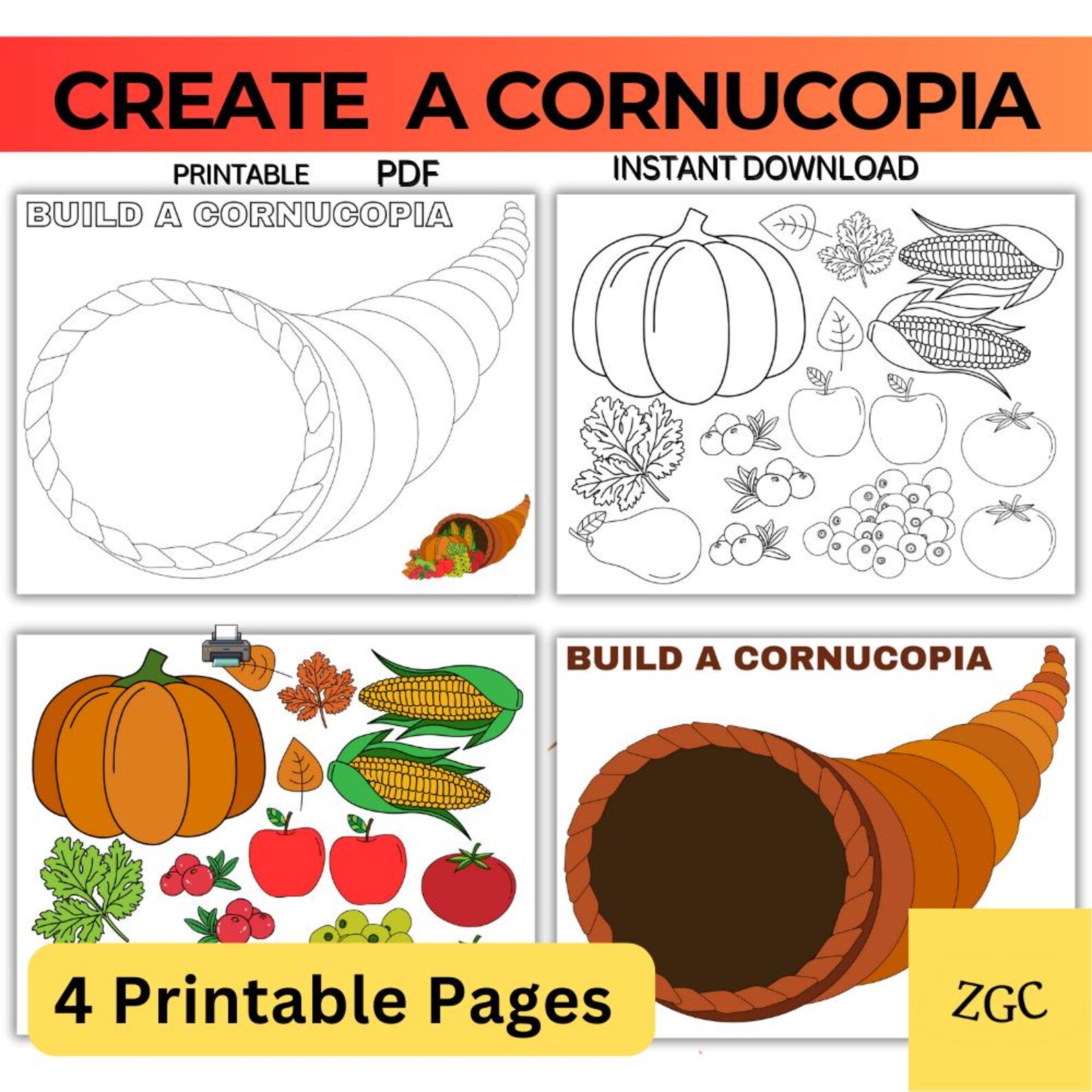 Cornucopia Paper Craft, Thanksgiving Cut and Paste Activity (digital ...