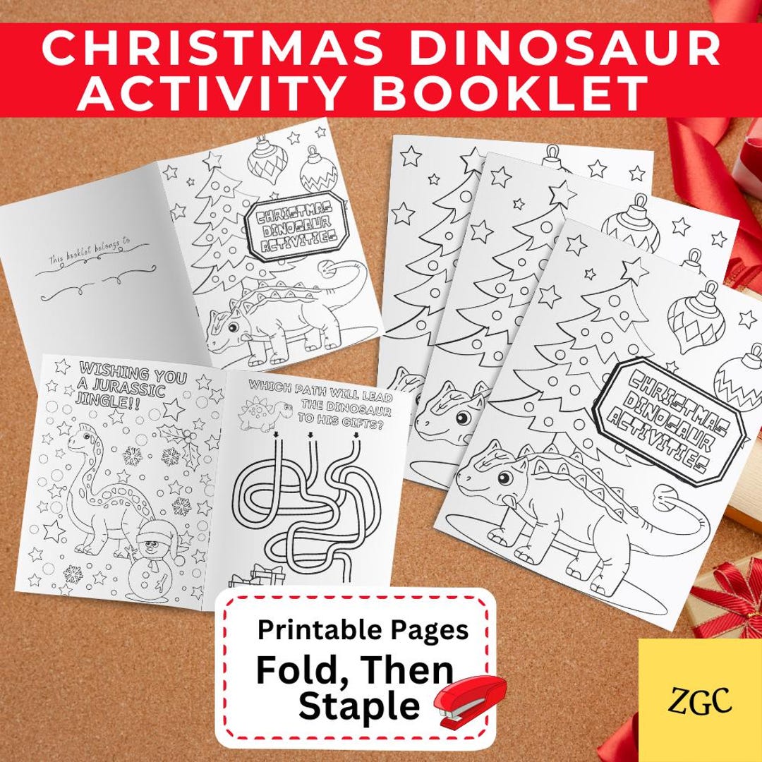 Printable Christmas Dinosaur Kids Activity Booklet, Dinosaur Christmas ...