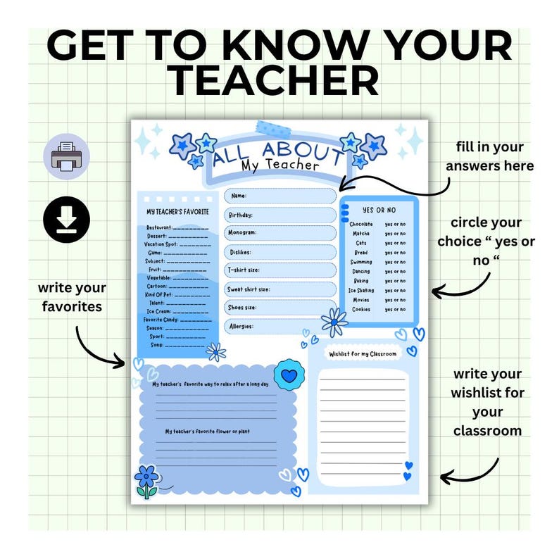 Teacher Questionnaire Printable | Back to School Meet the Teacher ...