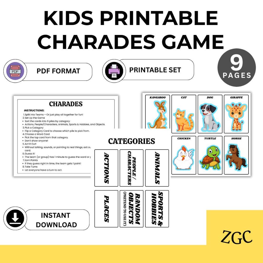 Printable Kids Charades Game | Family Party Activity (instant Download ...