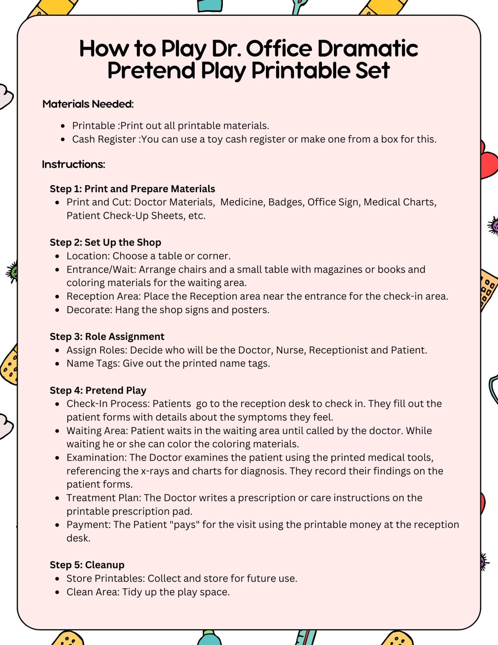 Dr. Office Printable Drama Set Up, Doctor Play Activity, Doctor's ...