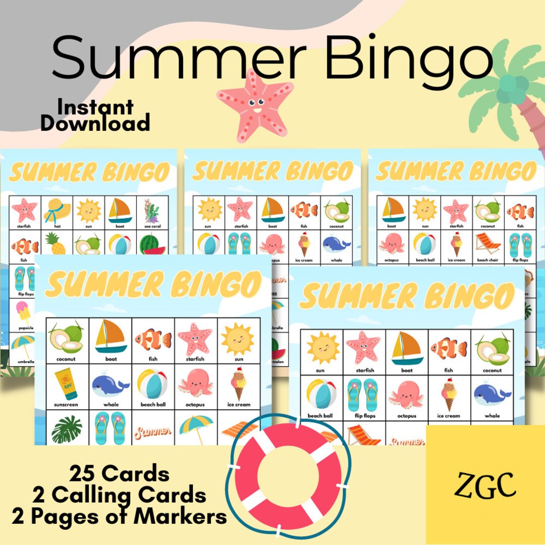 Summer Bingo Activity Cards, 25 Player Game, Summer Kids Activity, Kids ...