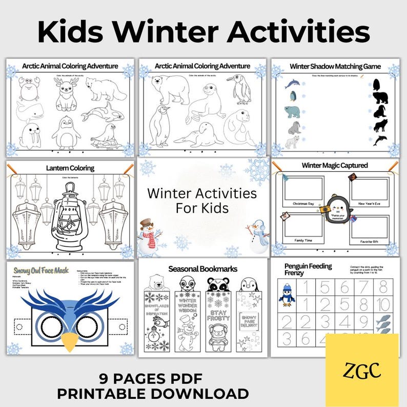 Kids Winter Printable Craft Activity Pages, Kids Winter Bundle, Color ...