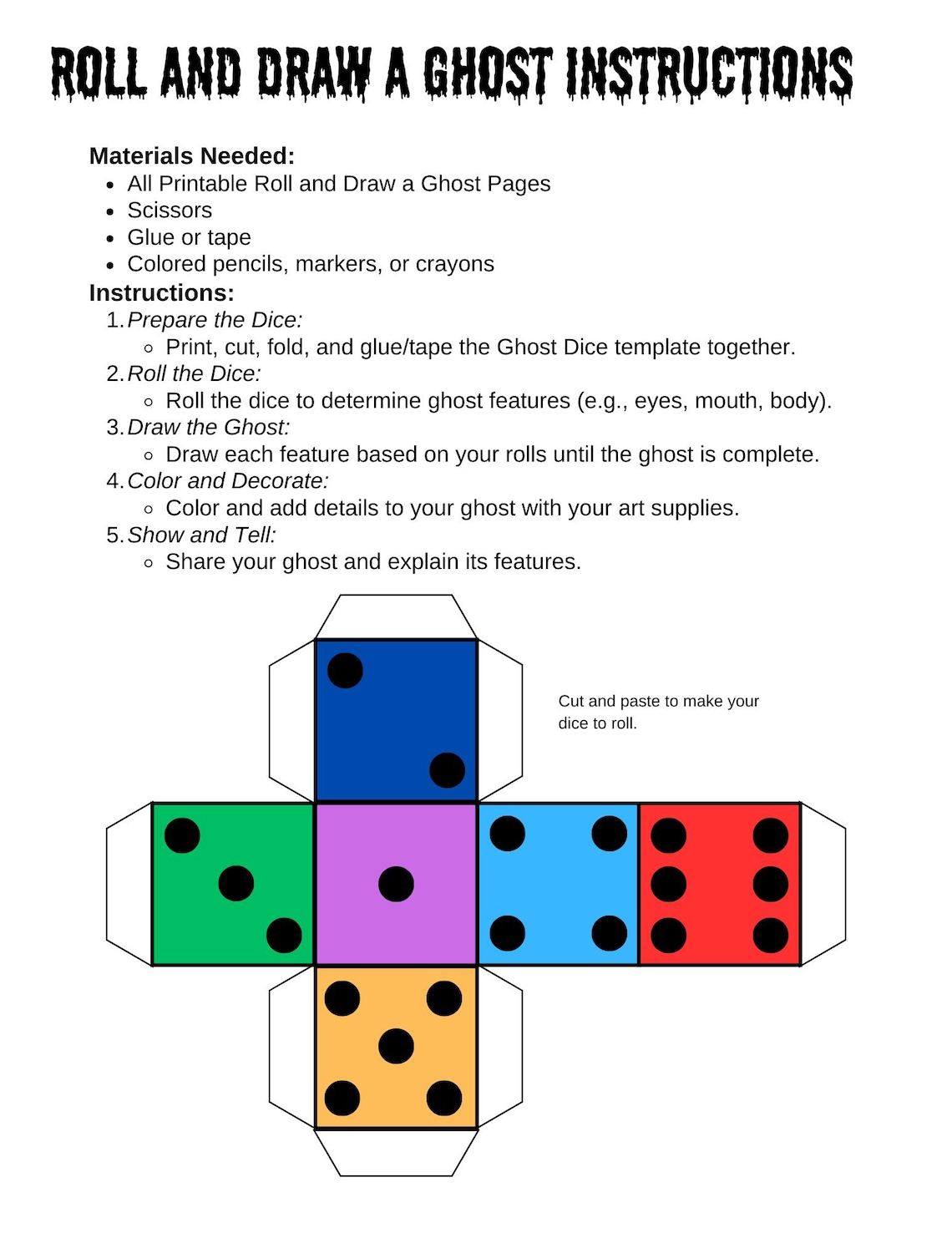 Roll the Dice to Draw a Ghost, Halloween Drawing Activity, Fall Art ...