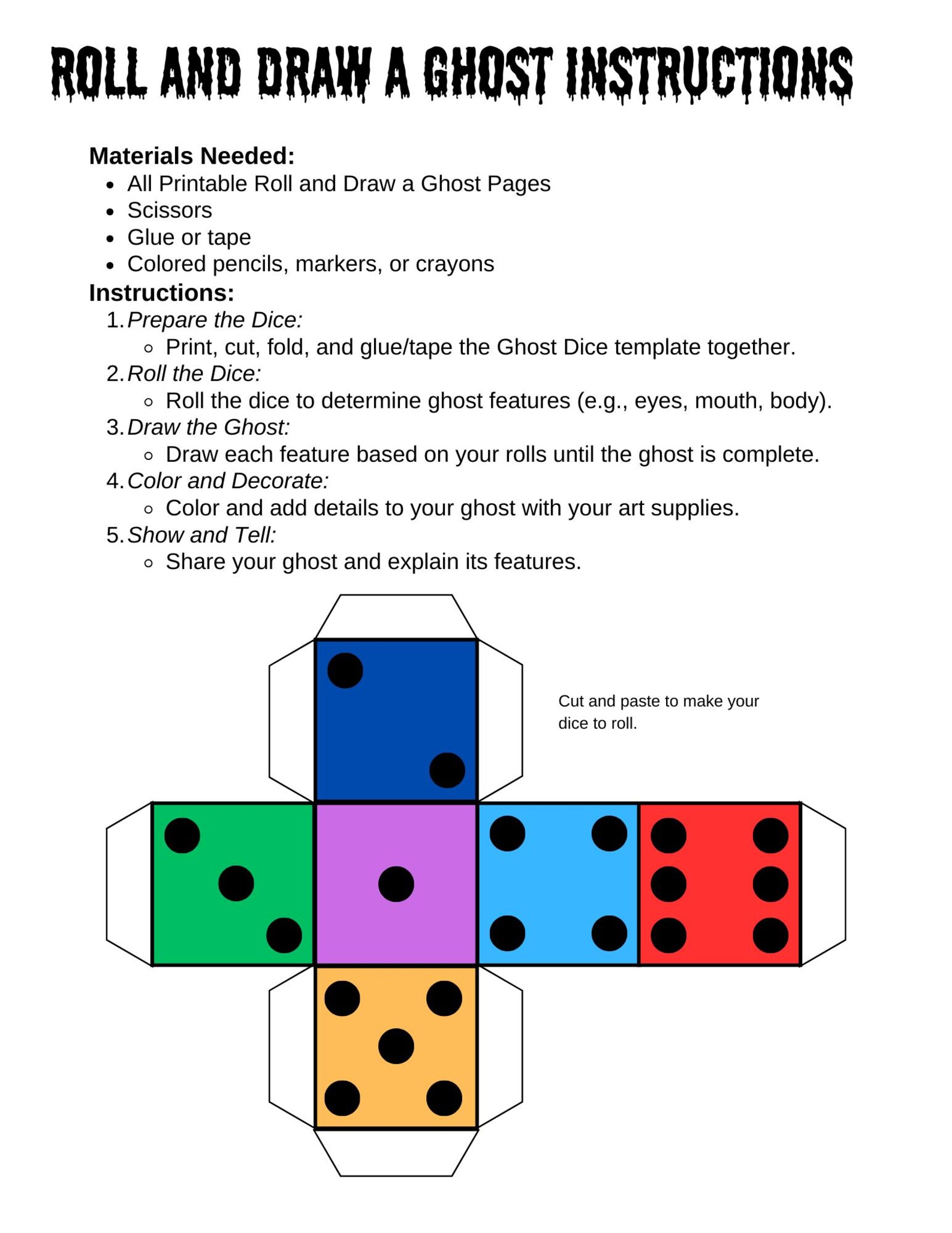 Roll the Dice to Draw a Ghost, Halloween Drawing Activity, Fall Art ...