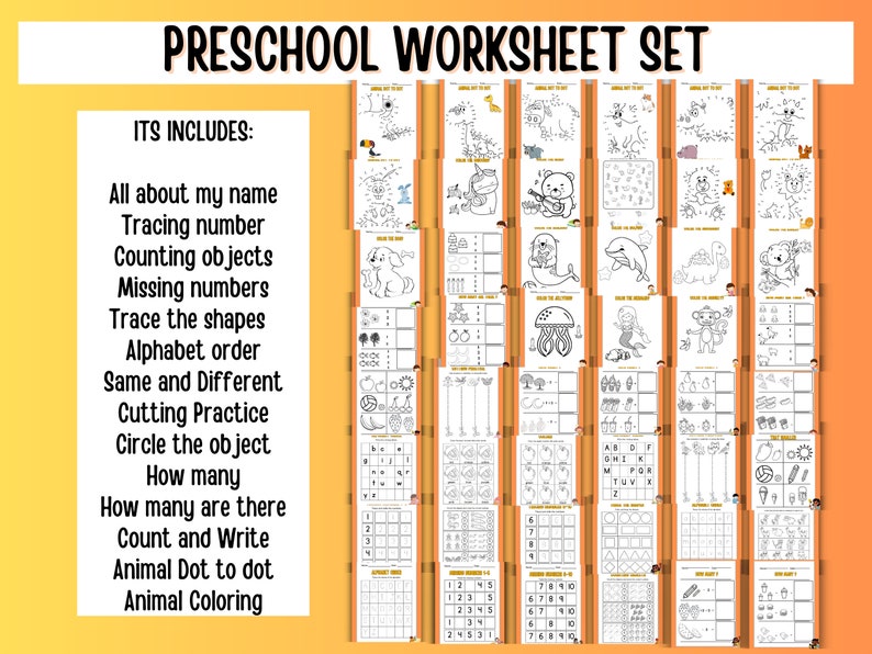 Preschool Worksheets Set, 50 Printable Pages, Orange Kindergarten ...