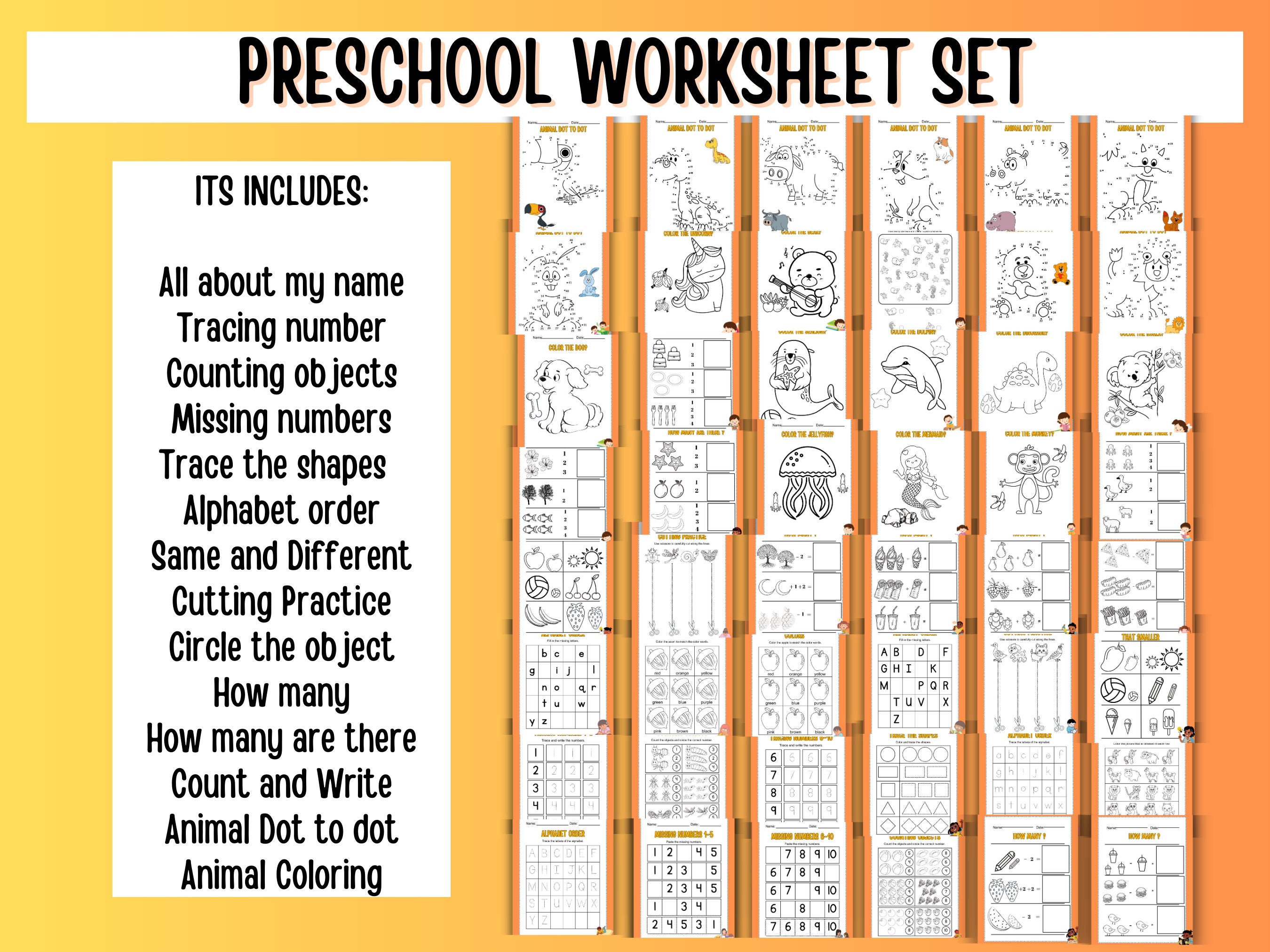Preschool Worksheets Set, 50 Printable Pages, Orange Kindergarten ...