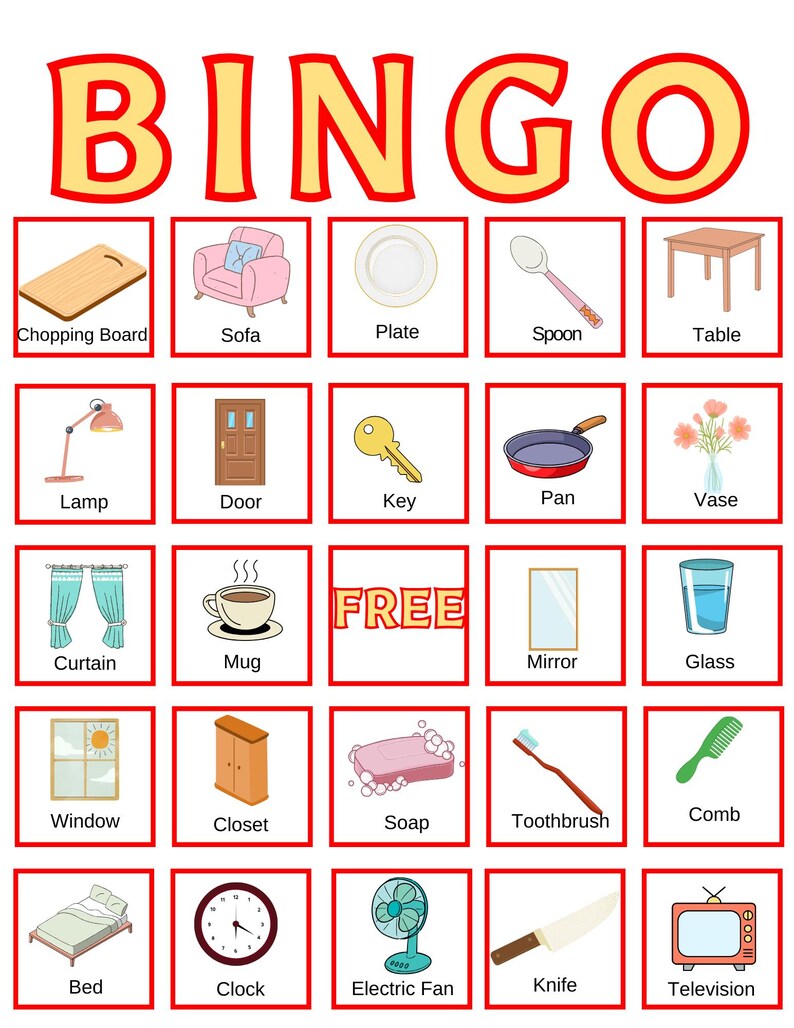 Printable Household Items Bingo Cards, Kids Fun Bingo Game, Preschool ...