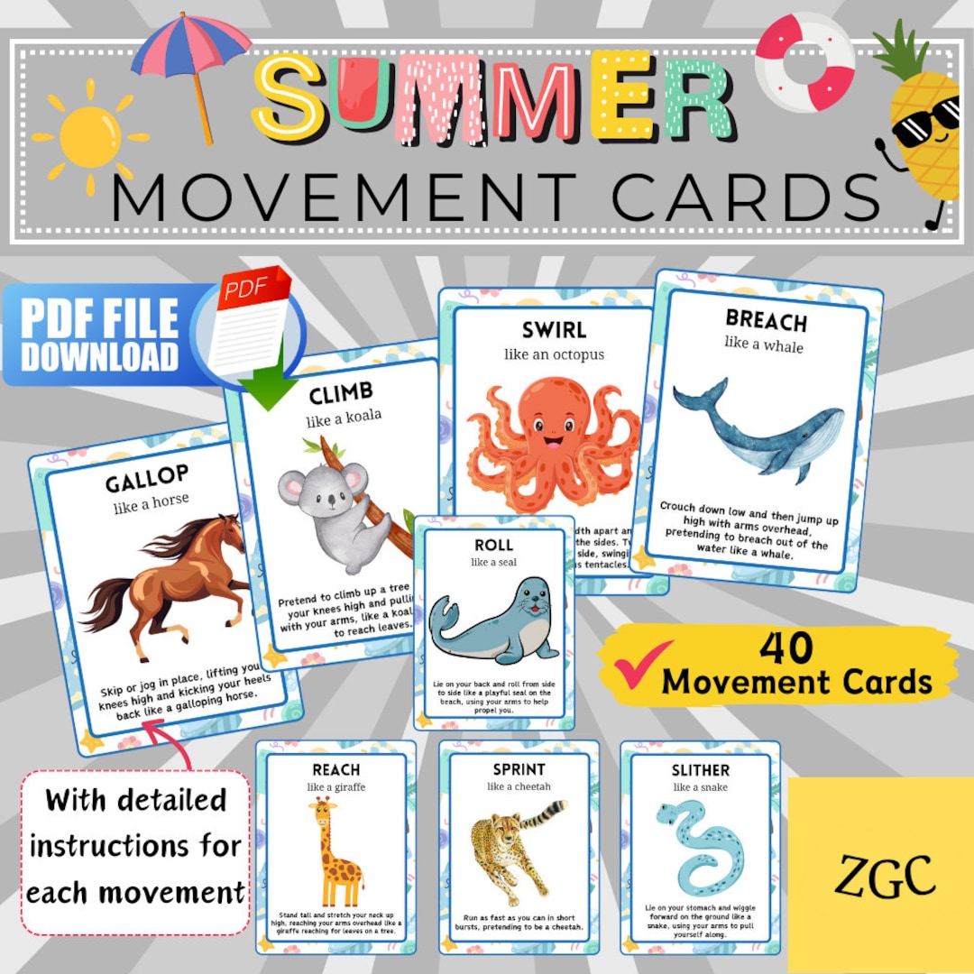 Summer Movement Activity Cards, Kids Animal Action Cards Activities ...