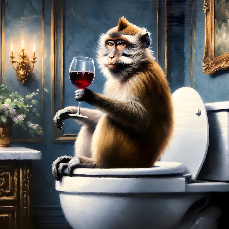 Monkey Bathroom Print, Funny Bathroom Picture, Monkey on Toilet ...
