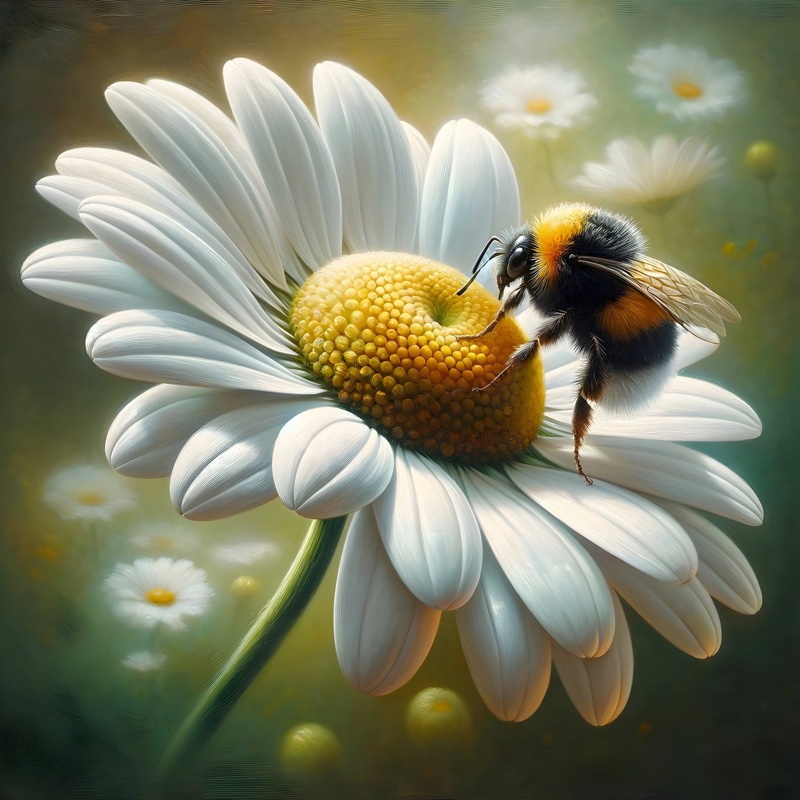 Daisy Flower With Bumble Bee Oil Painting Print Digital Download Living ...
