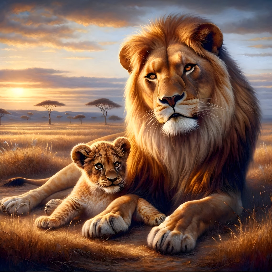 Lion and Cub Oil Picture Painting Print Digital Download Living Room ...