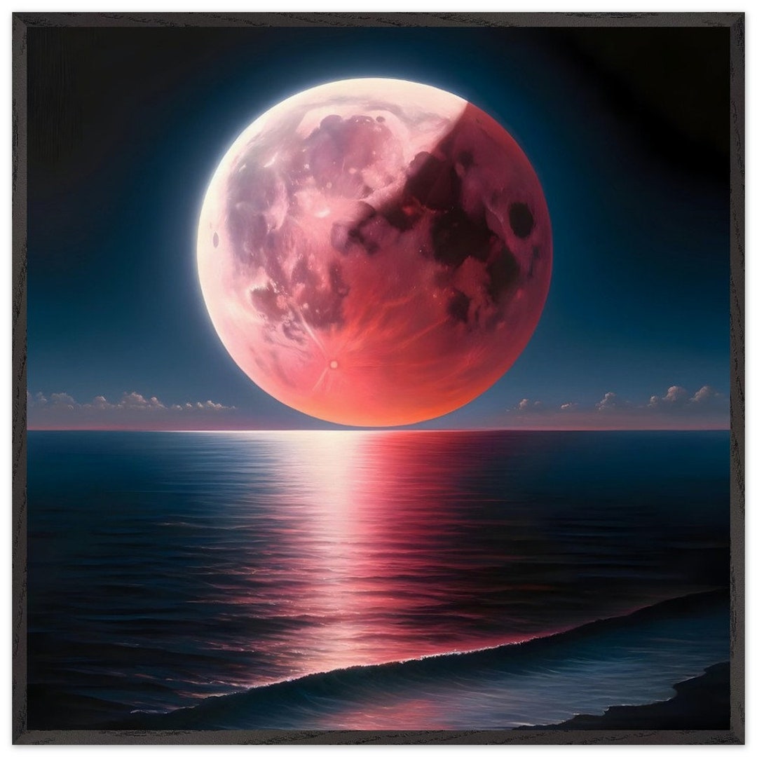 Pink Moon Over Sea Oil Painting Print Framed Premium Wooden Framed ...