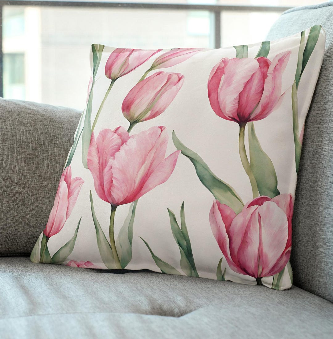 Spring Pink! | Pink Tulips Floral Outdoor Pillows | 2 Sizes | Insert ...