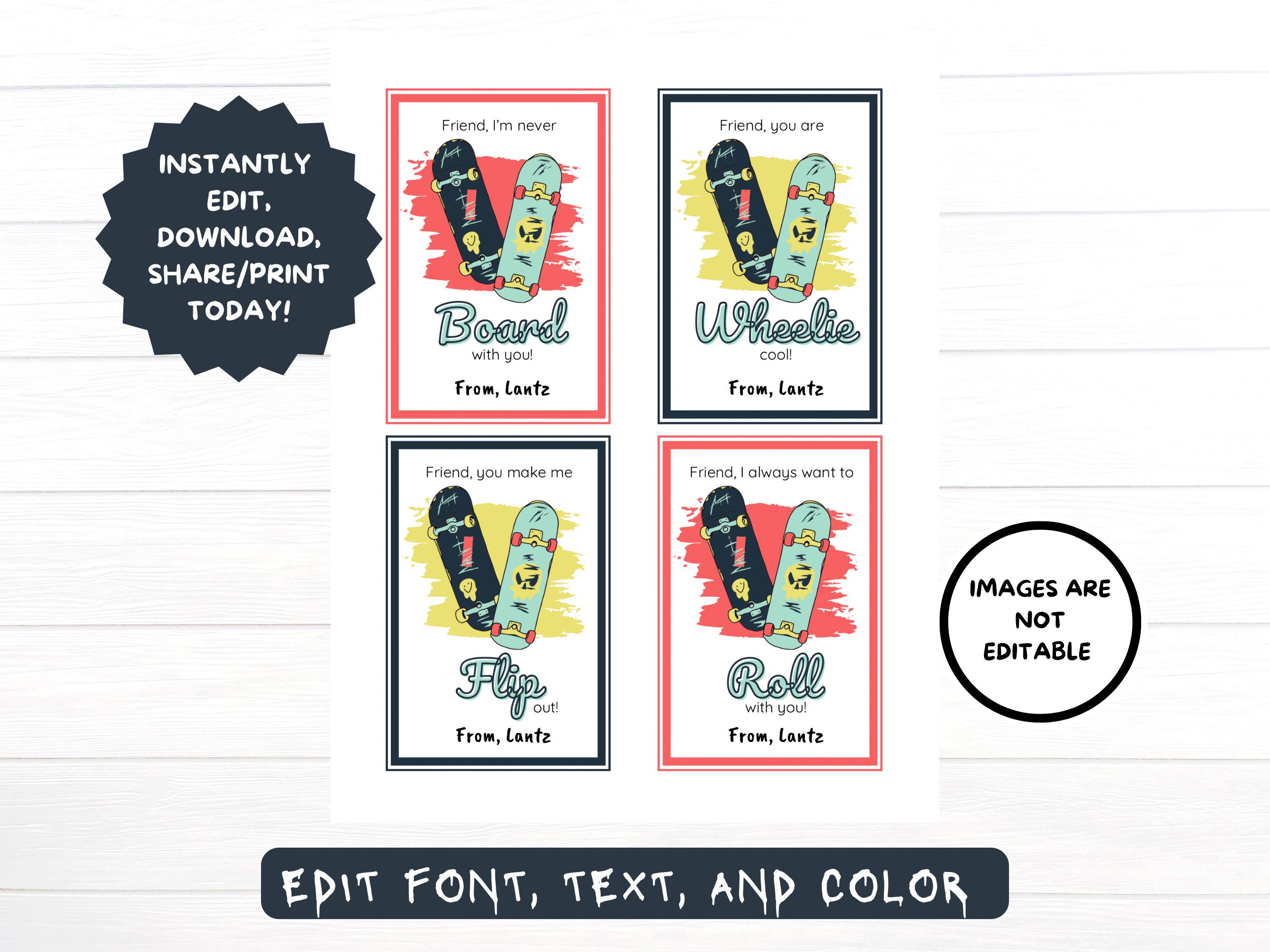 Editable Skateboard Valentine's Day Printable Cards/tags - Etsy