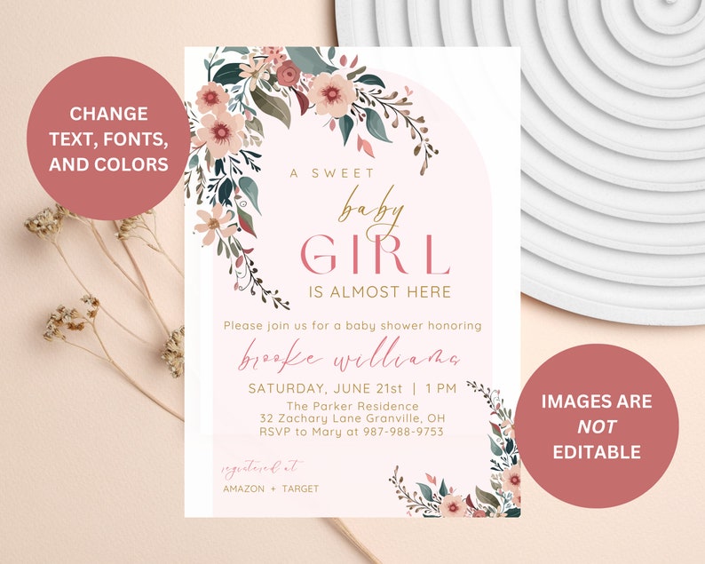 Customizable Floral Baby Girl Shower Invitation: Printable Mauve and ...