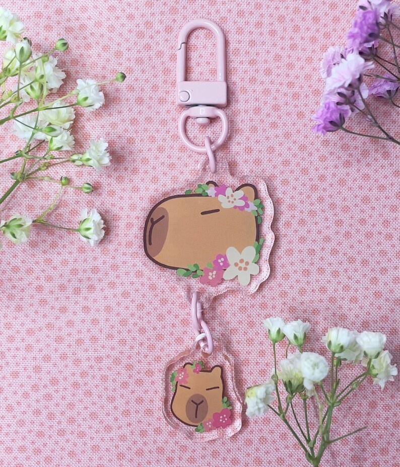 Kawaii Keychain, Cute Capybara Keychain, Acrylic Keychain With Flowers ...