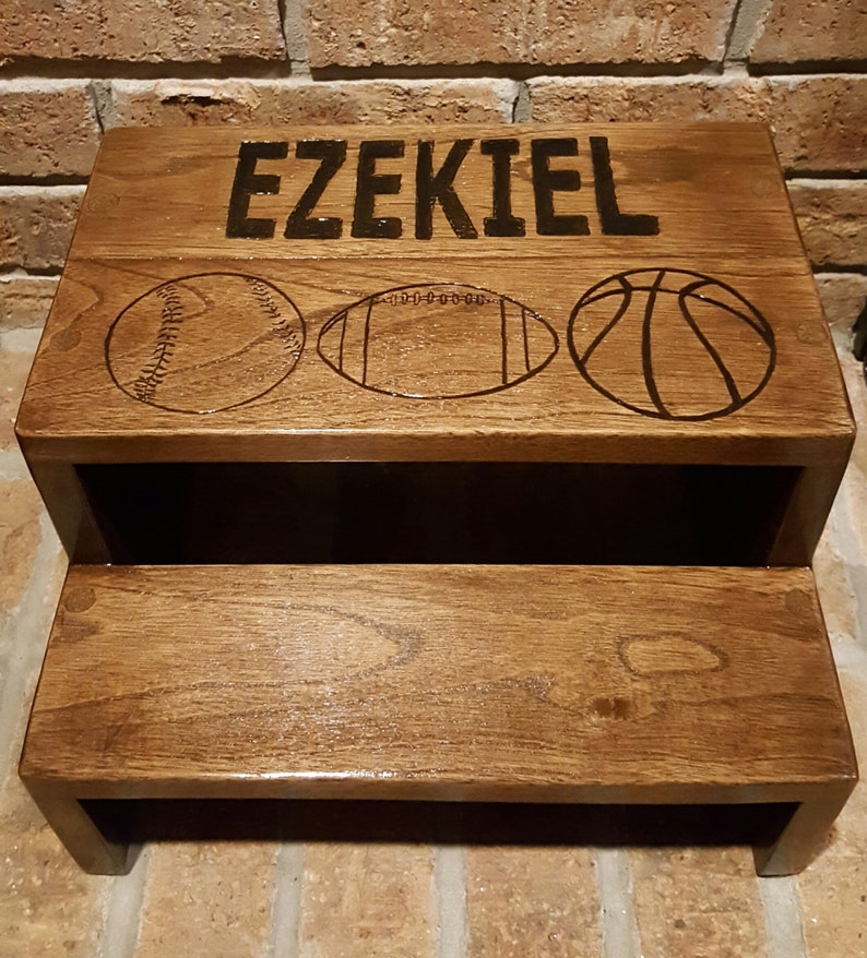 Two Step Stool Personalized Name and Sports Balls Burned Into the Wood ...