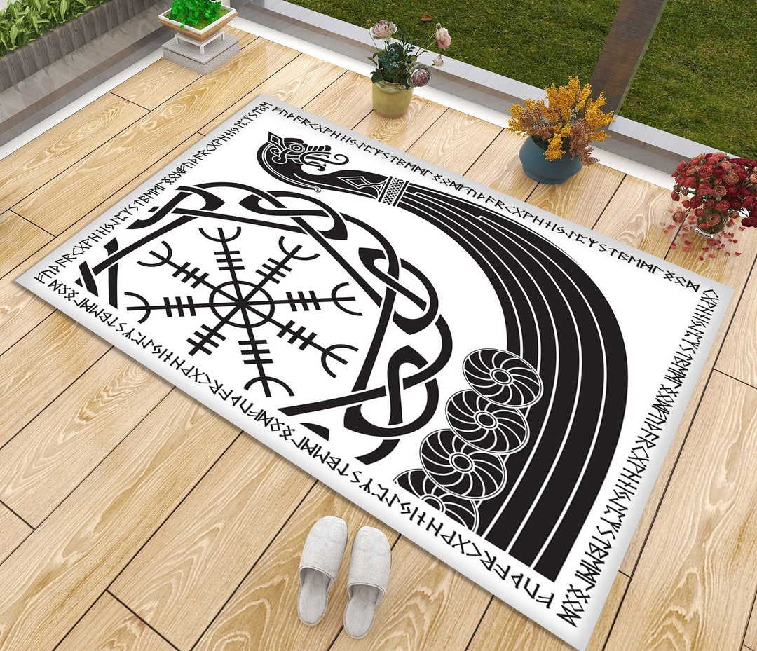Viking Drakkar Symbols Rug, Viking Compass Rug, Nordic Rug ...