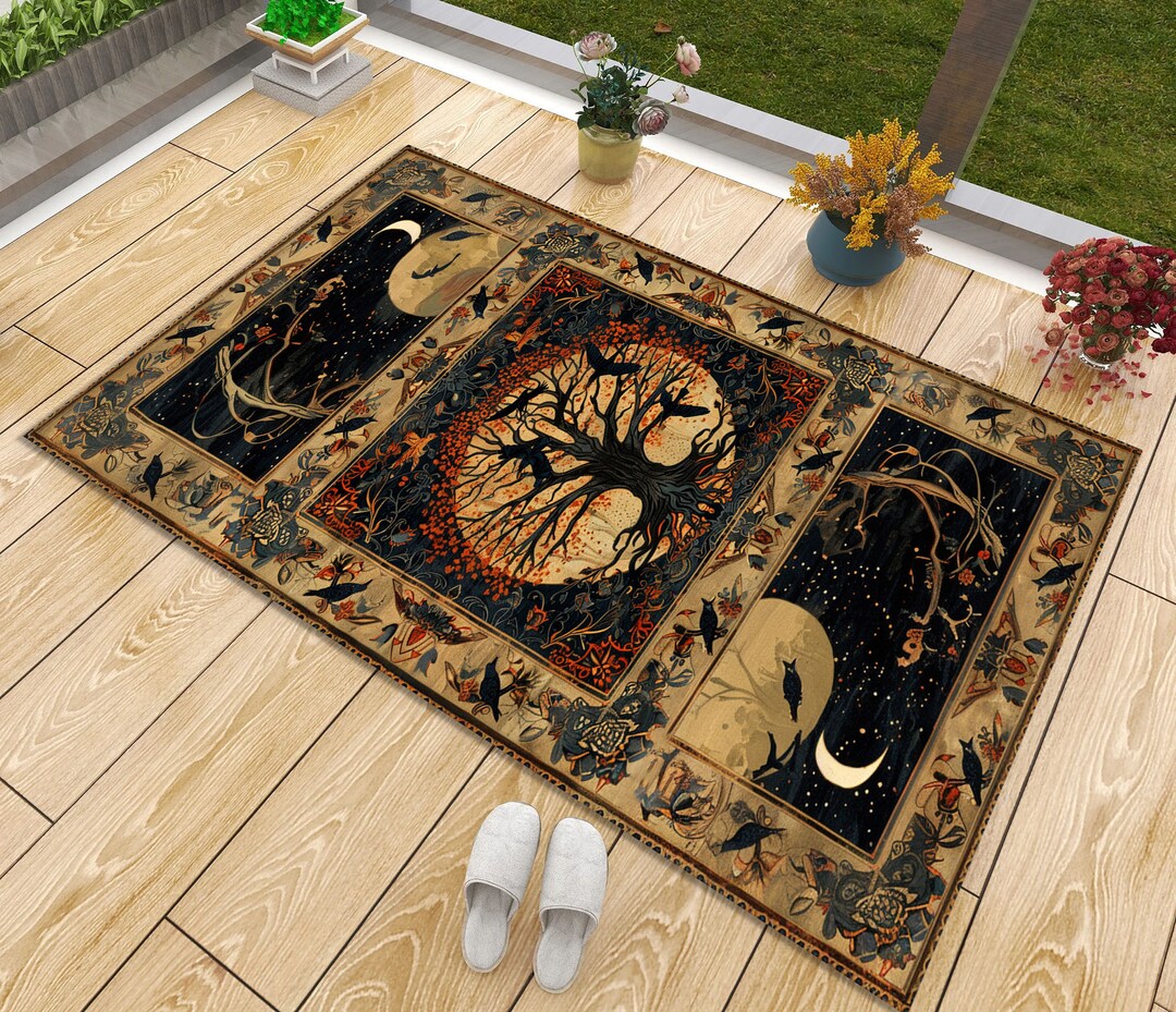 Tree of Life Rug: Crow & Bird Motif, Mountain House Decor - Etsy