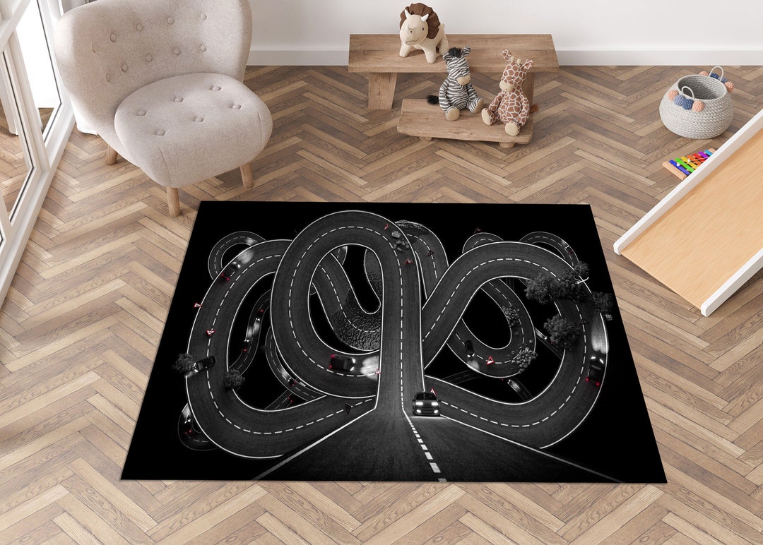 Race Track Playmat Rug: Kids Room Asphalt Road Design - Etsy