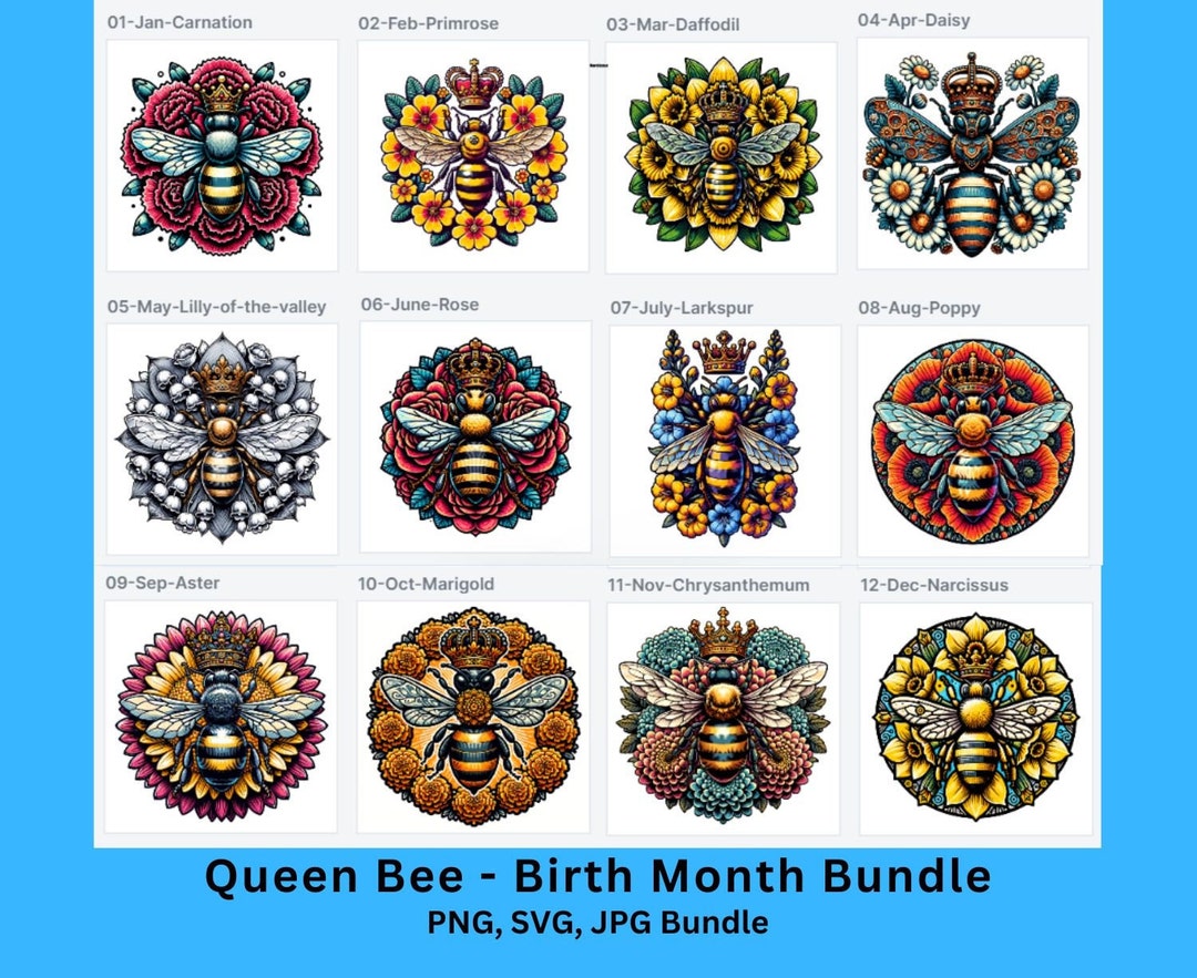 Queen Bee Birth Month Mandela Bundle 12 PNG, SVG, JPG, Clipart, Bee ...