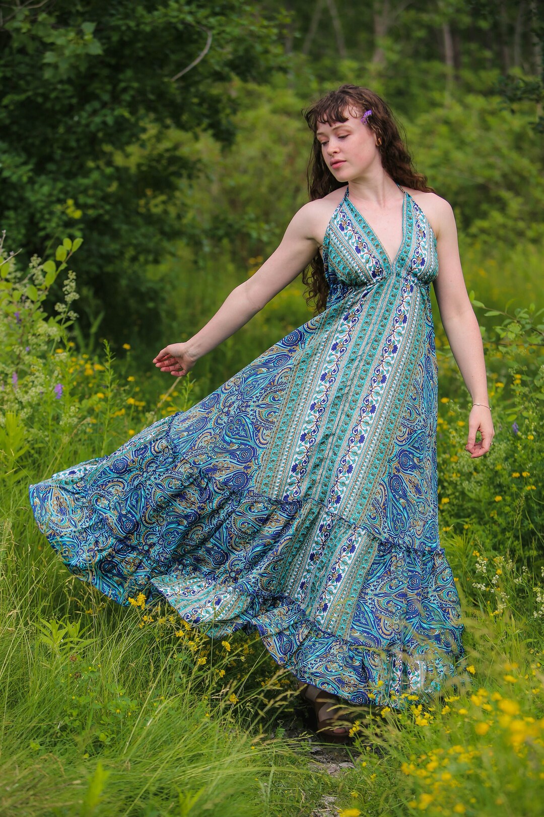 Boho Long Silk Halter Dress | Blue Paisley Print | Spring/summer Beach ...