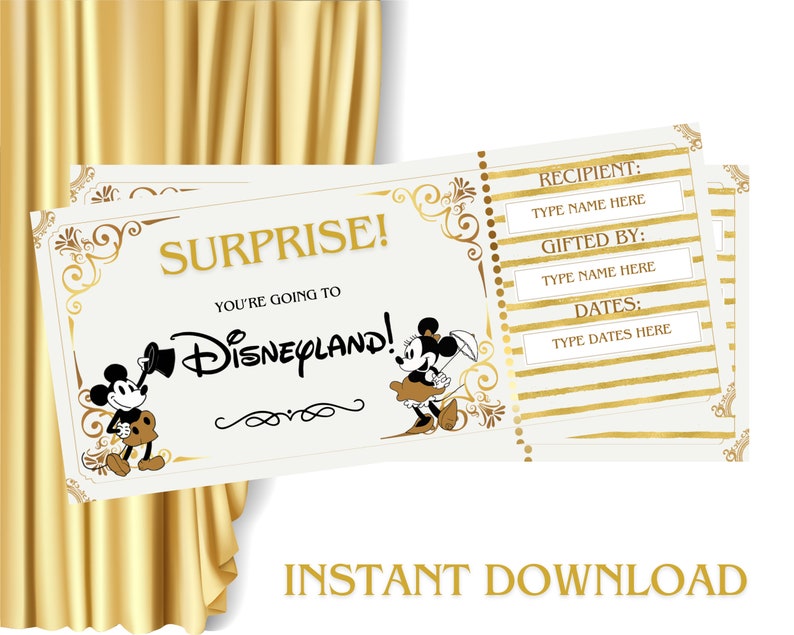 Minne Mickey Gold Birthday Digital Surprise Tickets, Downloadable and Editable, Theme Park Gift ...