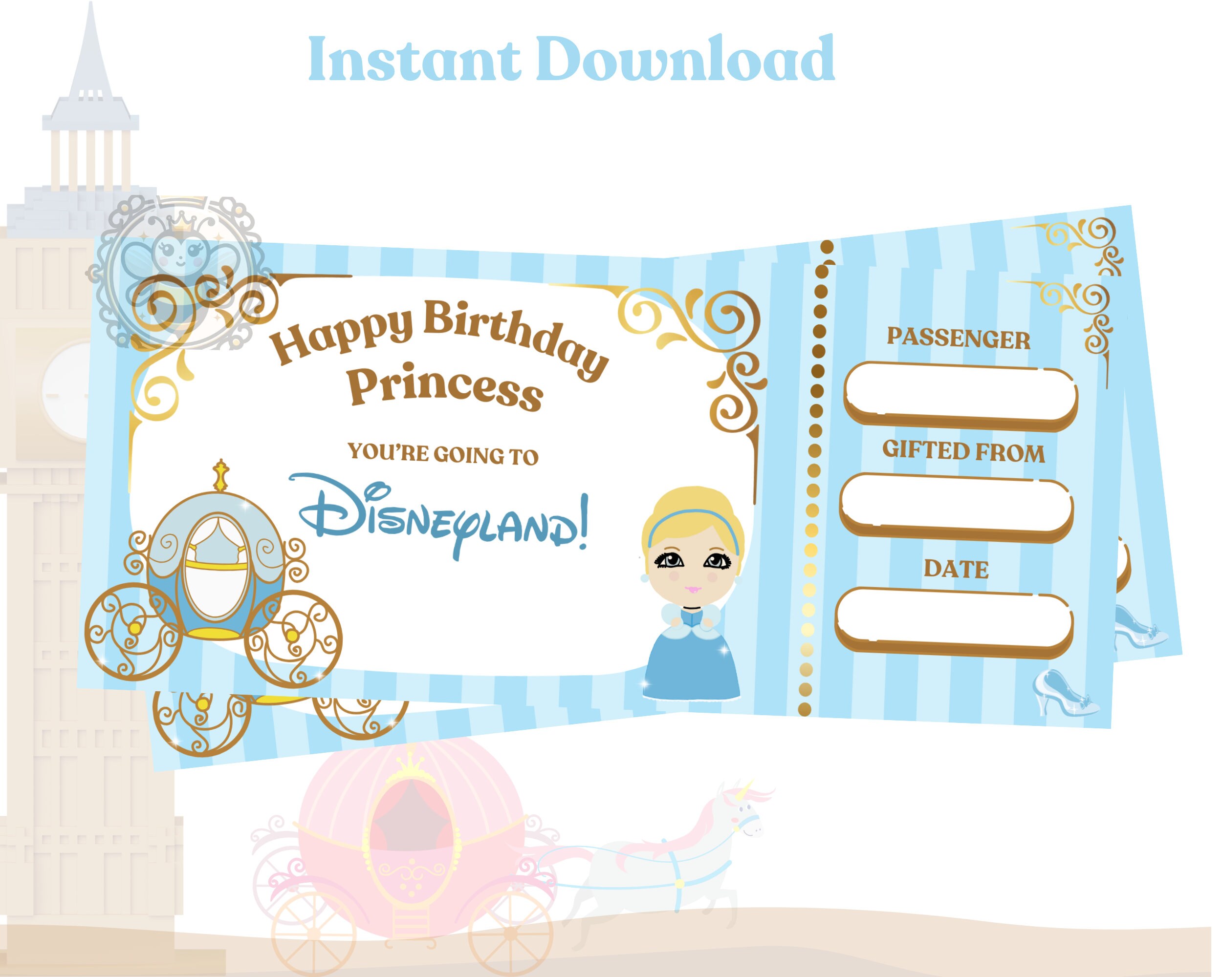 Cinderella Disneyland Theme Park Ticket Downloadable and Editable PDF ...
