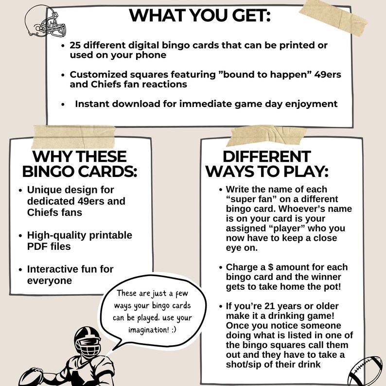 BIG SUPER GAME 2024 Usher 25 Bingo Cards Game for 49ers and Chiefs Fans ...