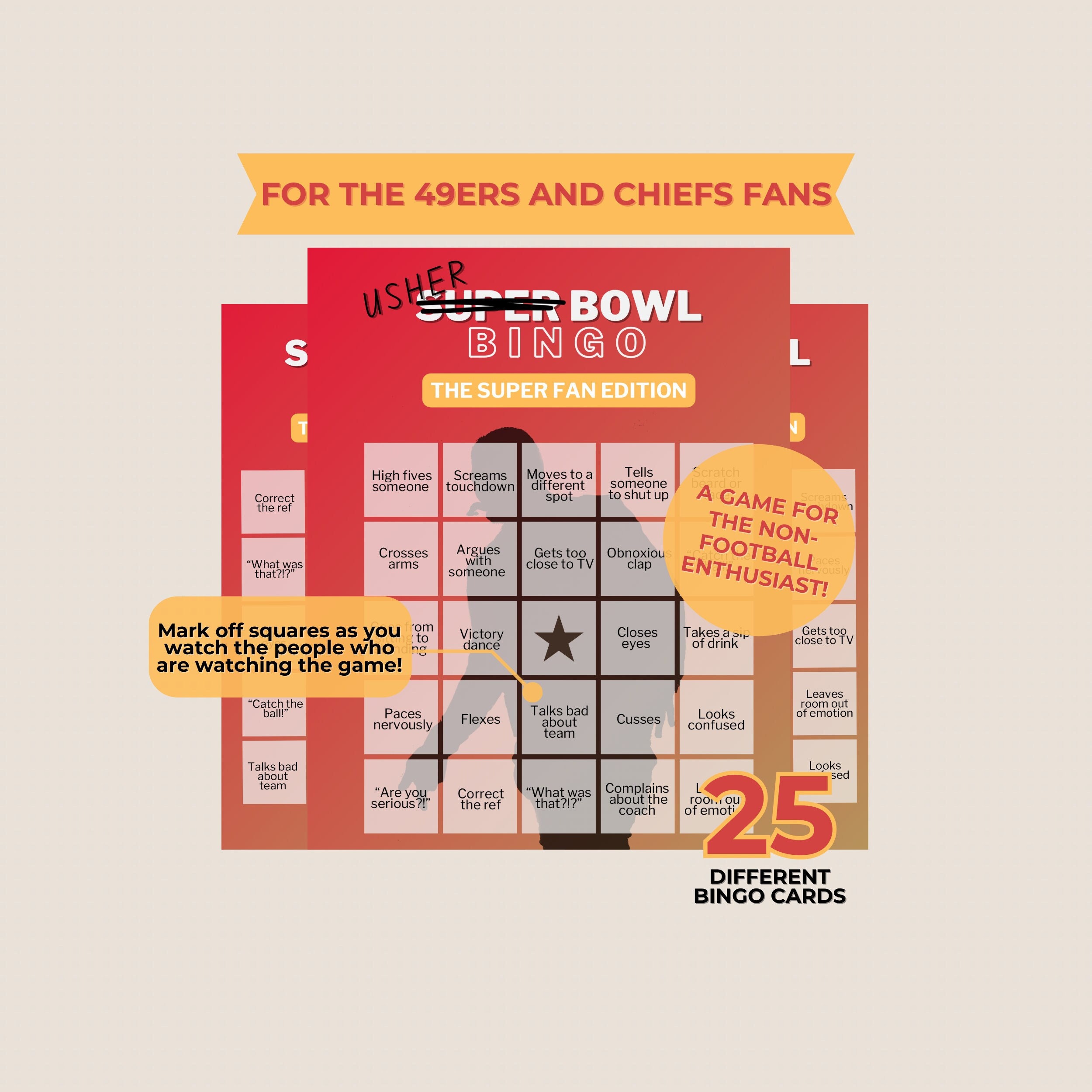 BIG SUPER GAME 2024 Usher 25 Bingo Cards Game for 49ers and Chiefs Fans ...