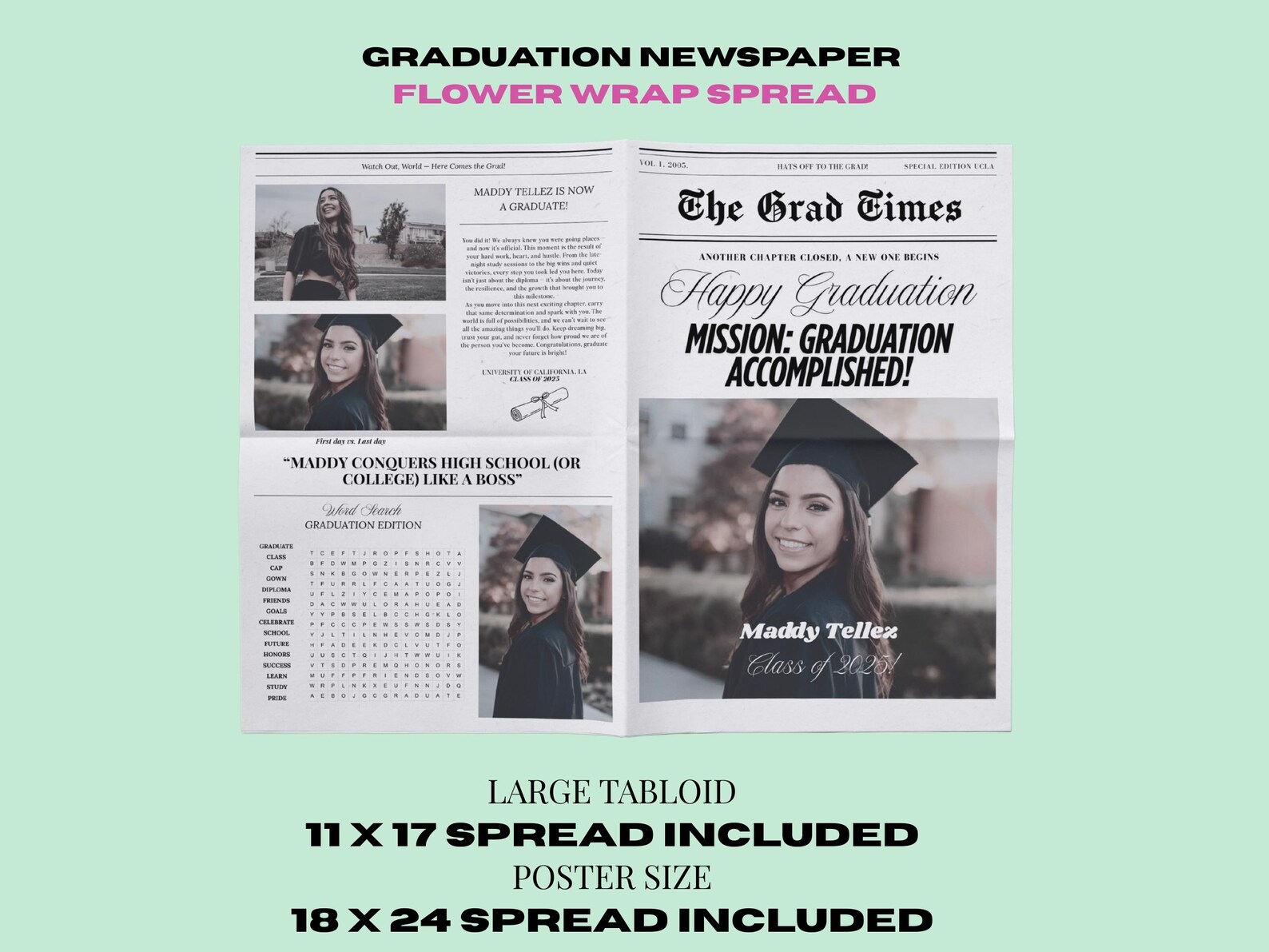 Editable Graduation Newspaper Bouquet Wrap, Personalized Printable Gift ...