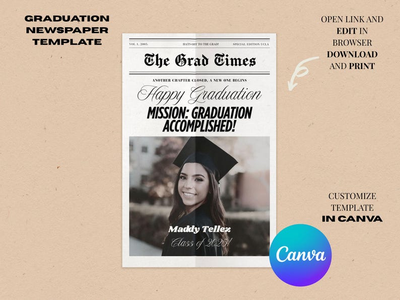 Editable Graduation Newspaper Bouquet Wrap, Personalized Printable Gift ...