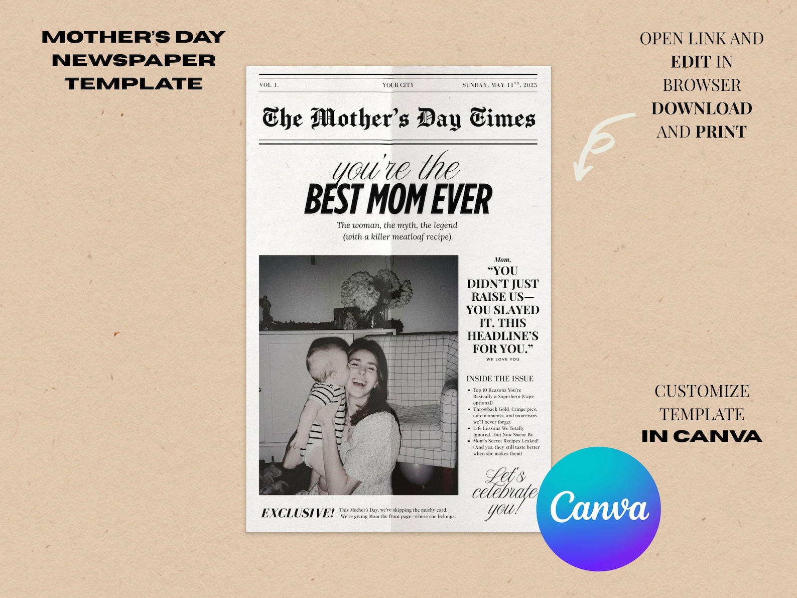 Editable Mothers Day Newspaper Template, Personalized Mothers Day Gift ...