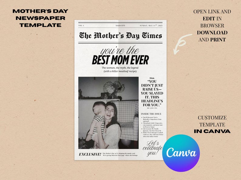 Editable Mothers Day Newspaper Template, Personalized Mothers Day Gift ...