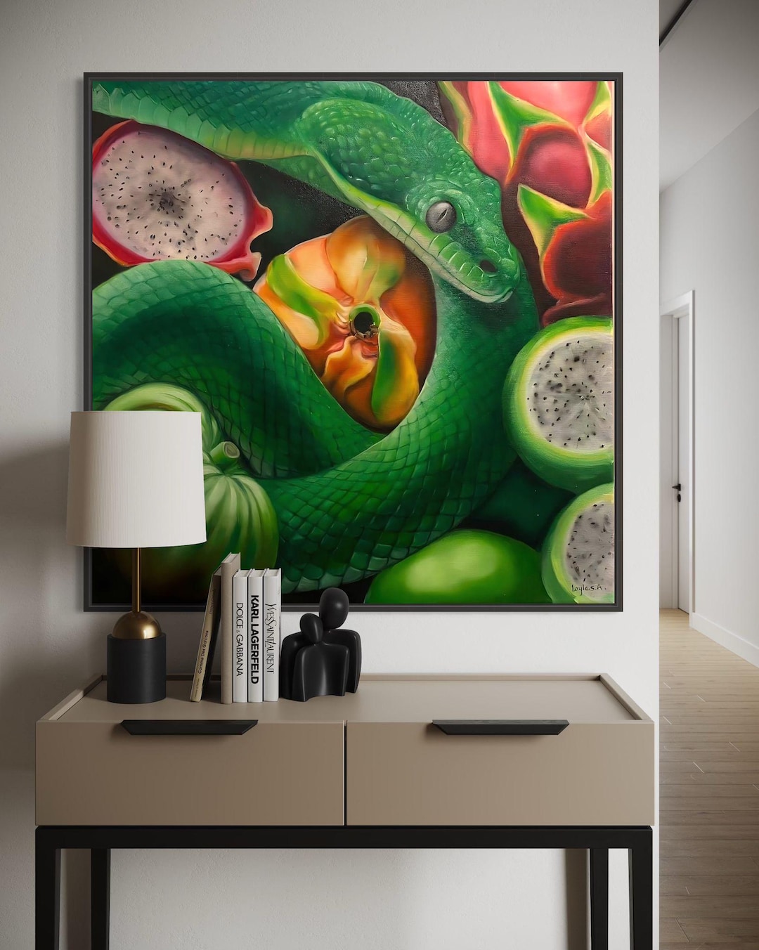 Original Snake Oil Painting, Hand Painted Realism Fruit Artwork, Green ...