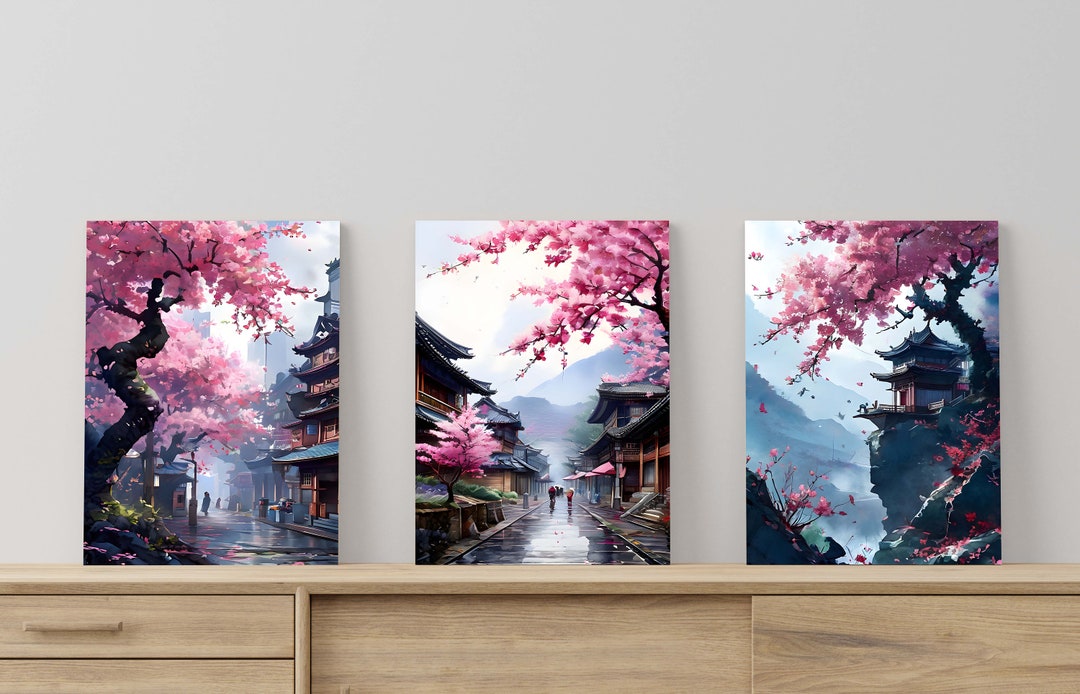 Sakura Watercolor Painting Art Poster Set: Japanese Home Decor (digital ...