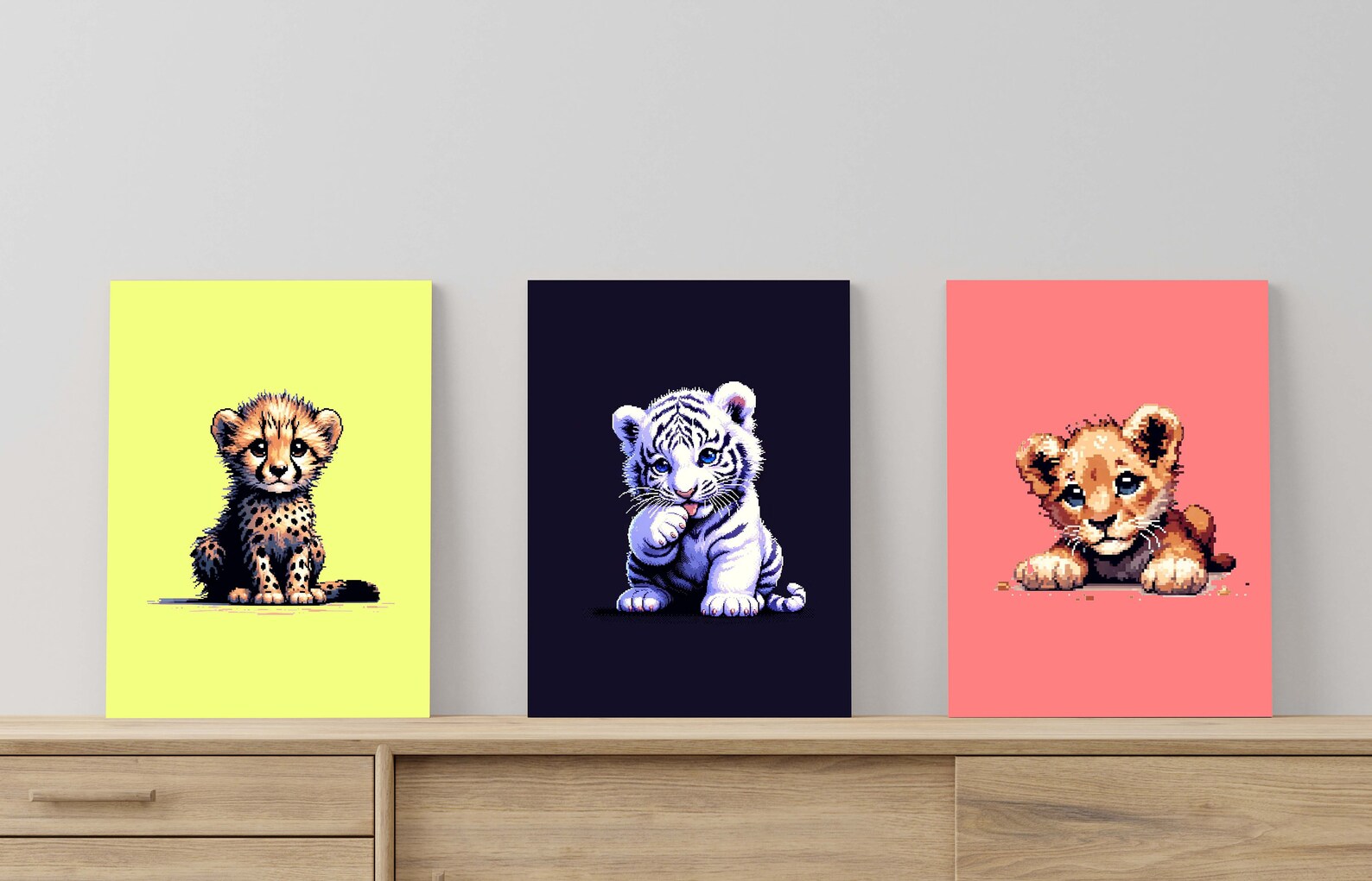 Big Cats Baby Pixel Art Poster Set of 3, Gaming Room Wall Art, Big Cats ...