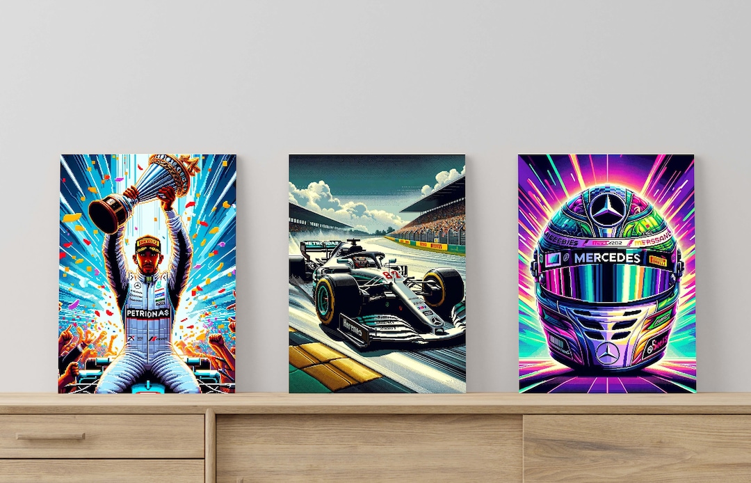 Formula 1 Pixel Art Poster Set of 3, Gaming Room Wall Art, Mercedes F1 ...