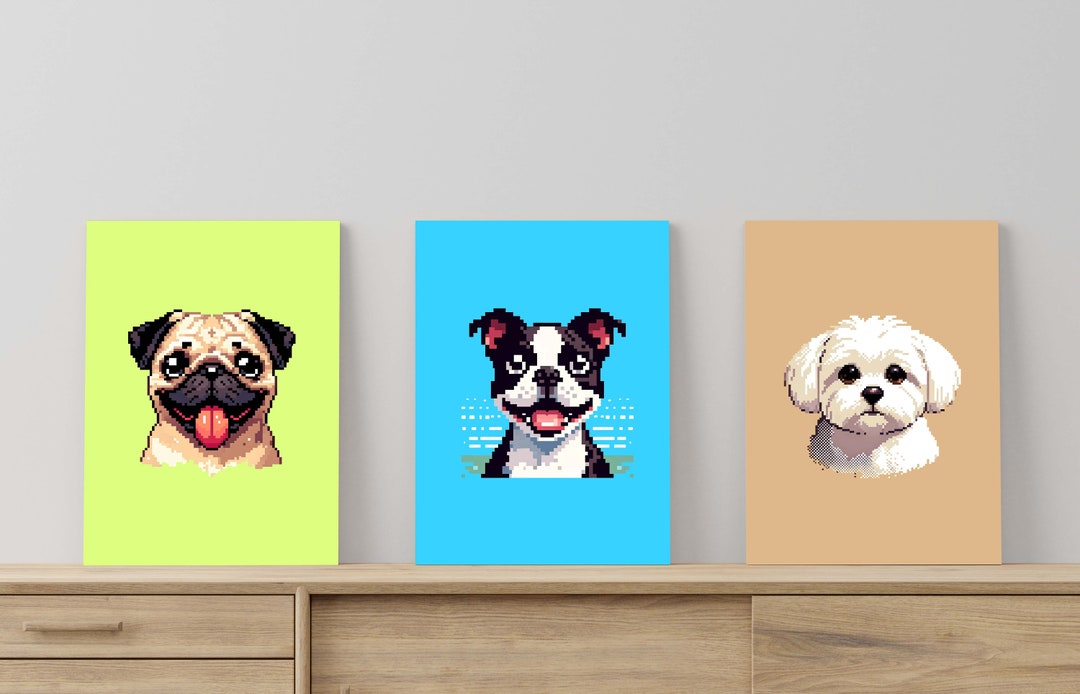 Dogs Pixel Art Poster Set of 3, Gaming Room Wall Art, Dogs Poster for ...