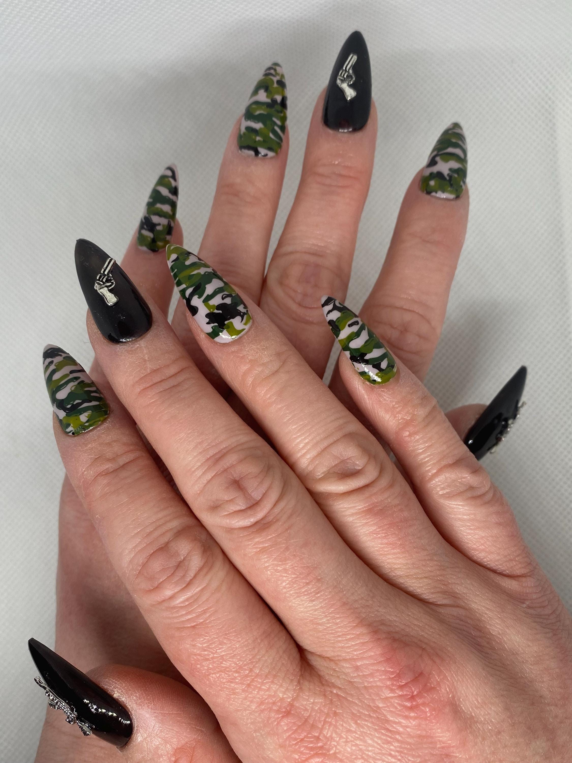 Camo Guns Pistol AK-47 Press-on Gel Nails, Camouflage False Nails, Fake ...
