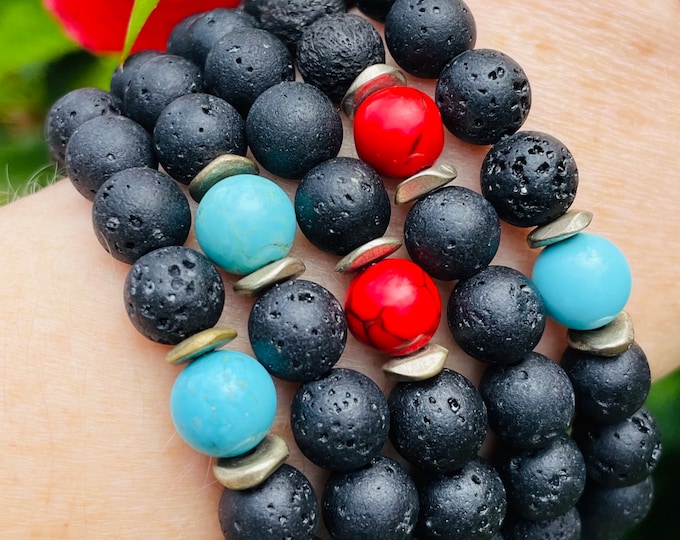 Healing Lava Stone and Genuine Handmade Turquoise Hawaiian Sea Turtle Bracelet - Etsy