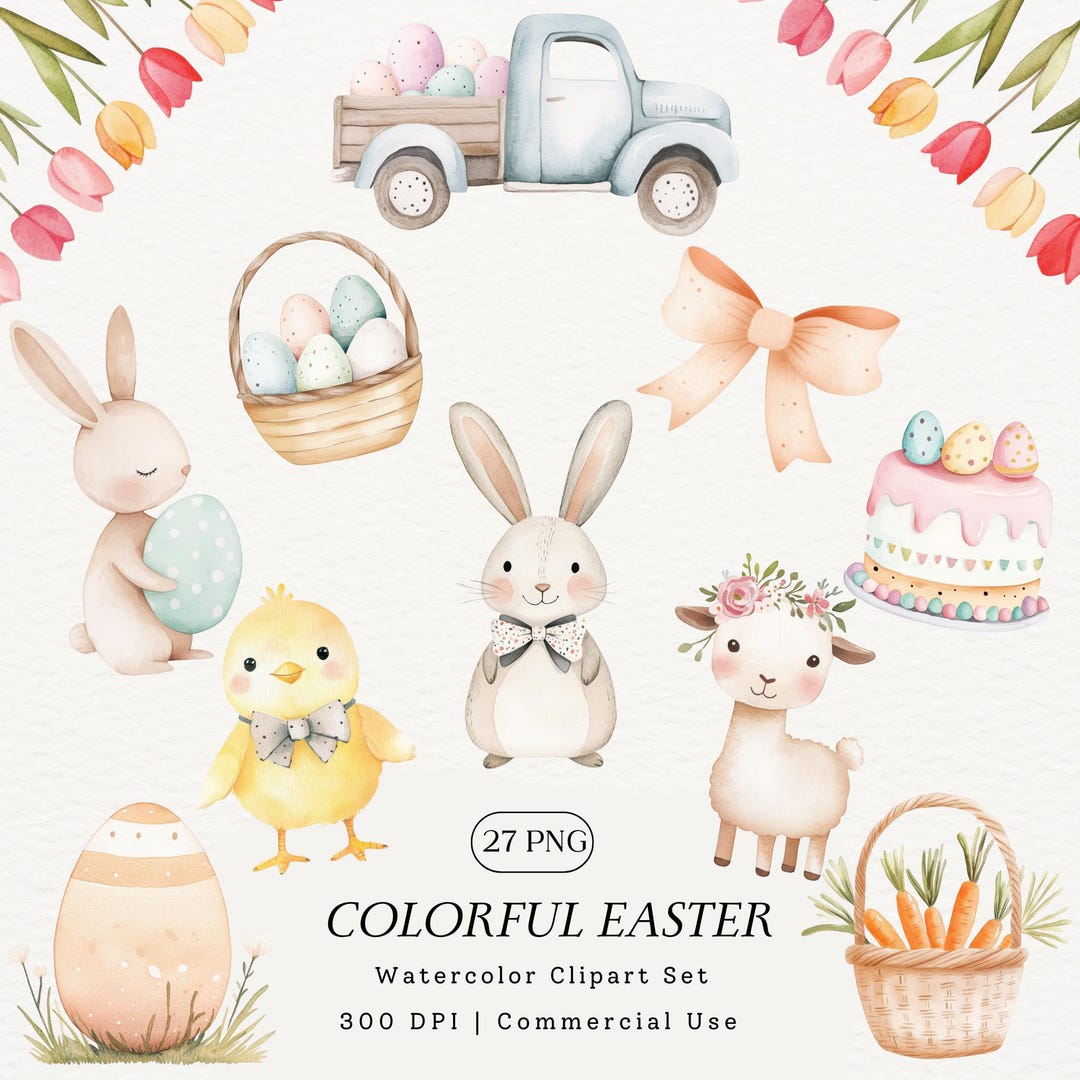 Cute Pastel Easter Watercolor Clipart Bundle, Colorful Floral Spring ...