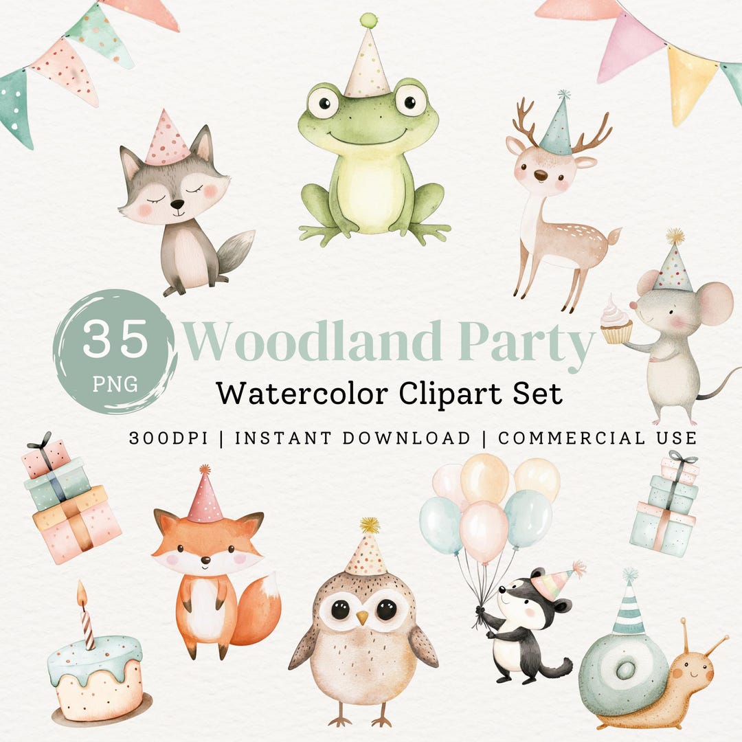Cute Woodland Birthday Party Watercolor Clipart Bundle, Whimsical ...