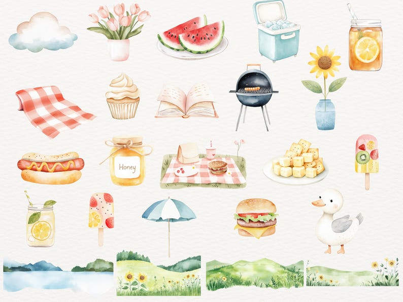 Cute Spring Picnic Watercolor Clipart Bundle, Outdoor Summer Lunch ...