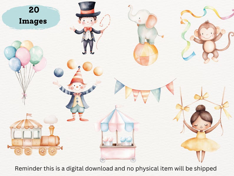 Cute Circus Watercolor Clipart Bundle, Adorable Carnival Animals ...